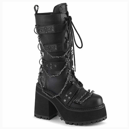 ASSAULT-117, 4.75 Inch Chunky Heel Knee High Boots with Barbed Wire Chain