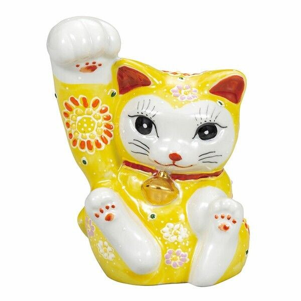 Maneki neko Kutani yaki porcelain Japanese Lucky cat Yellow mori FLower ...