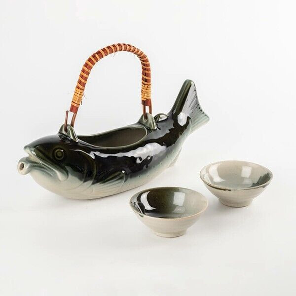 Guinomi Tokkuri set IWANA char fish Mino ware Ceramic Sake cup bottle ...