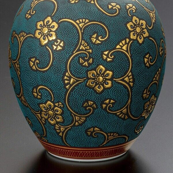 Kutani ware Nakata Kingyoku Flower pot Gold Mori Hoso ka-mon Aochibu japan