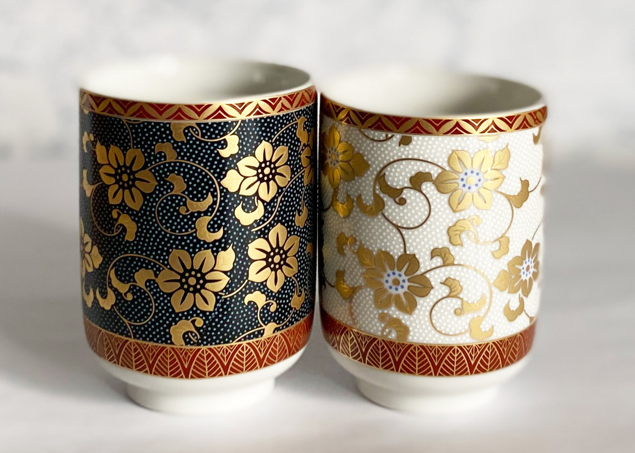 YUNOMI Japanese tea cup set KUTANI yaki Aochibu Clematis motif made in ...