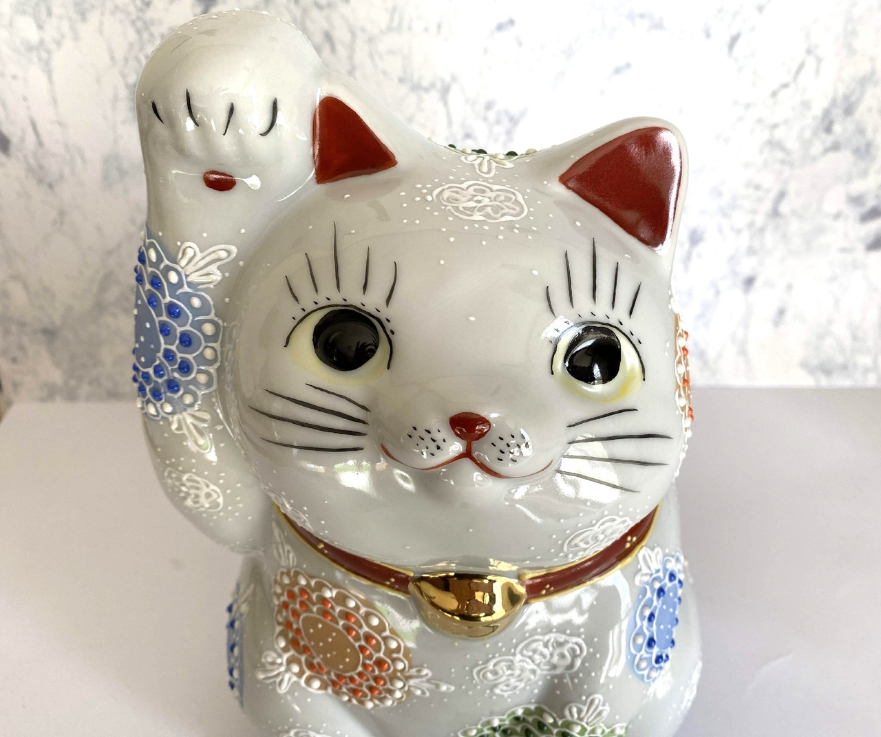 Japanese lucky cat Maneki neko Kutani yaki porcelain White Shiro Mori ...