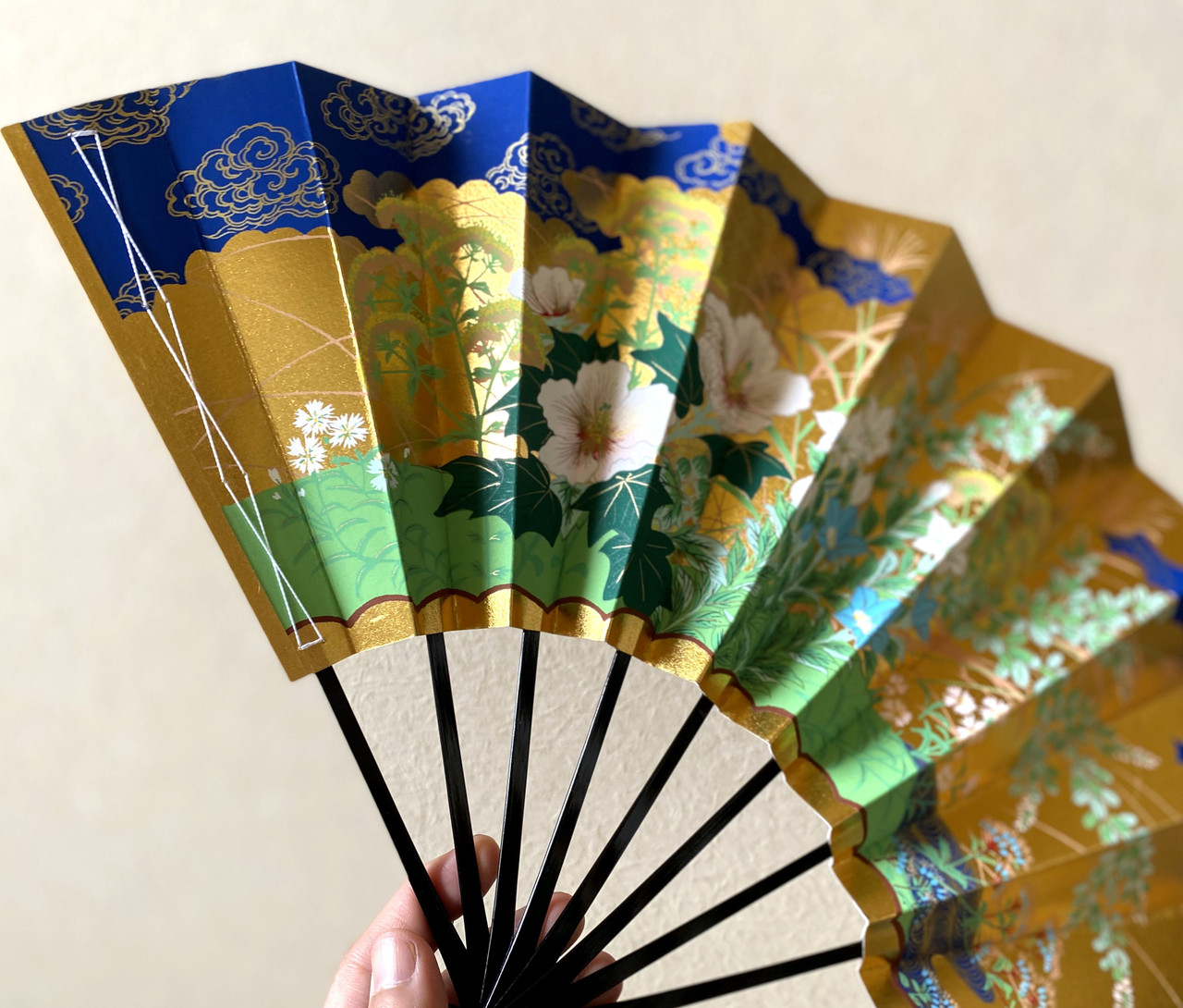 Kyoto Gold Sensu Japanese Bamboo Folding Fan Reversible Plum Fuyo Motif ...