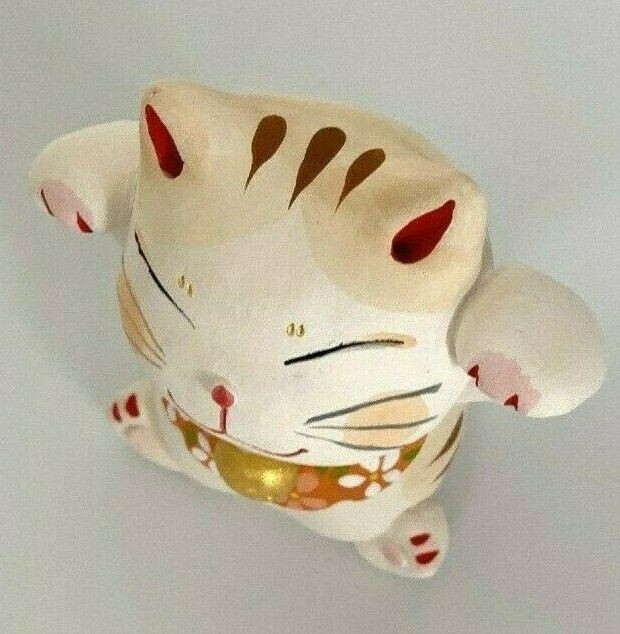 MANEKI NEKO Japanese lucky cat Seto yaki Both hand Up Handcraft Smile Japan