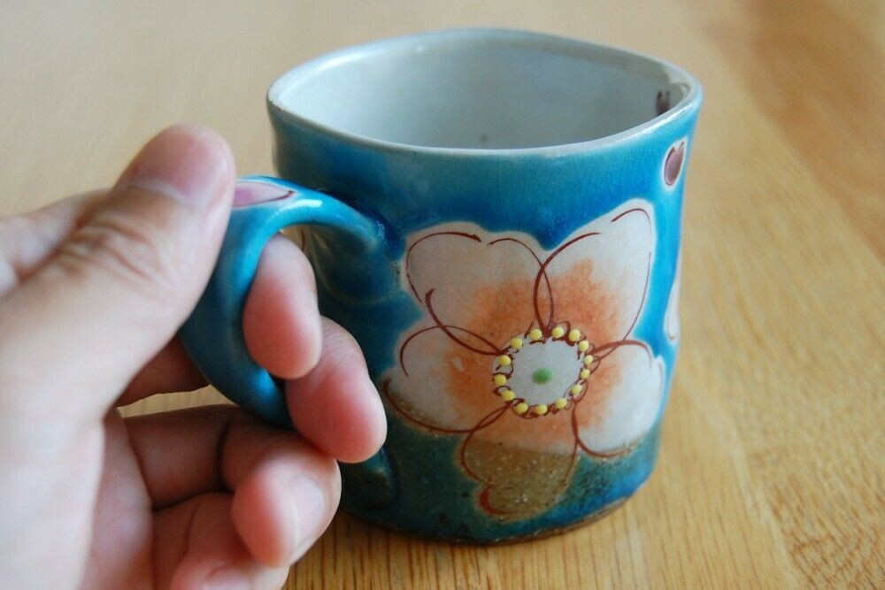 Kutani yaki Mug Tea Coffee Soup Cup Handpaint Turkey Blue Flower Urara ...