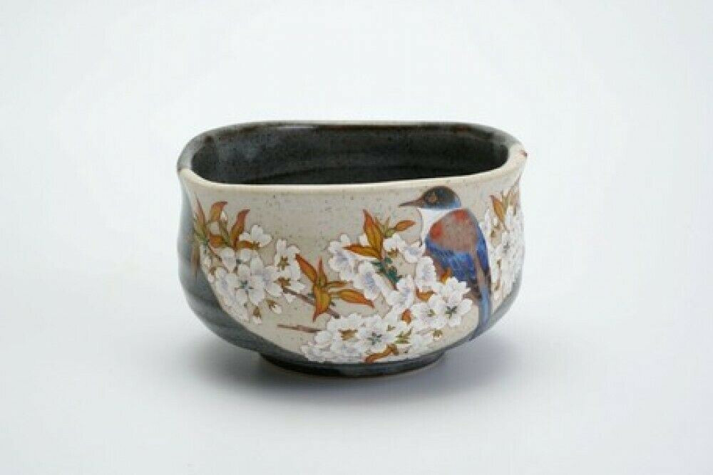 Chawan Kutani yaki ware Japanese Tea Bowl Wildcherry Bird pattern Japan