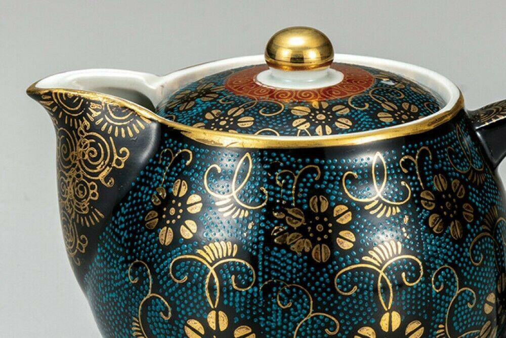 Kyusu Kutani yaki ware Green Tea pot Aochibu Tessen Blue Dot w/mesh ...