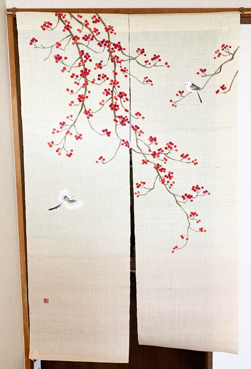 Kyoto Noren Japanese door curtain Linen winterberry Umemodoki handpaint ...