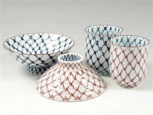 Arita yaki ware Rice bowl Tea cup Yunomi Chawan set Kakeami Net pattern ...