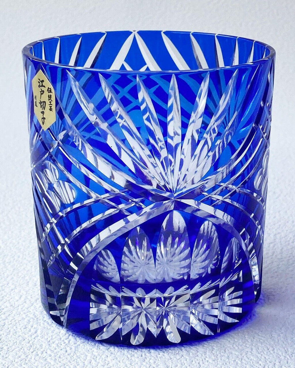 Edo Kiriko Japanese Whiskey Rock Glass set Arc rhombus pattern Blue Japan