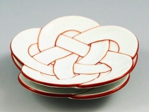 Arita yaki Porcelain Japnaese Small Sarving plate Red Line Ume Musubi plum