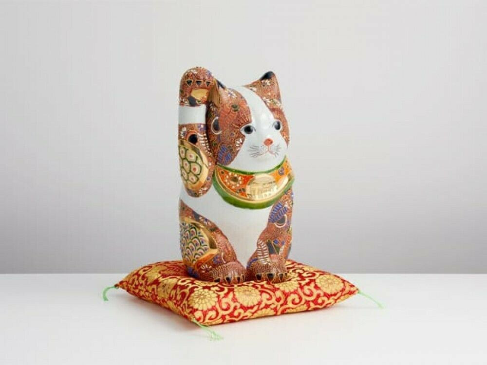 Maneki neko Japanese Lucky cat Kutani yaki ware Mori Komon pattern 4' Japan