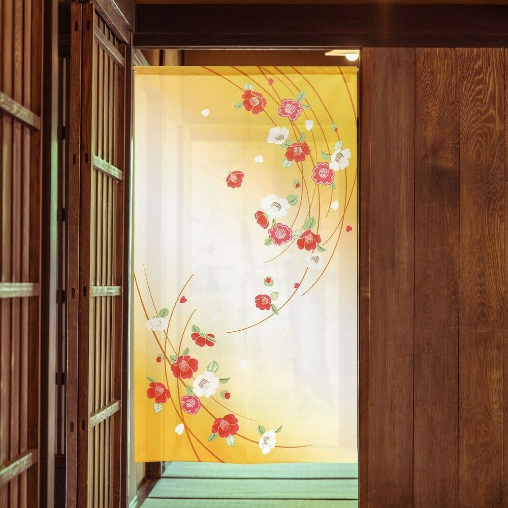 Kyoto Noren Japanese Door Curtain Linen Red White Camellia Tsubaki Japan