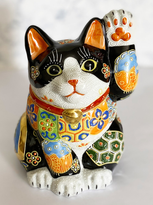 Maneki neko Japanese Lucky cat Kutani yaki ware Apron Black Mori Komon ...
