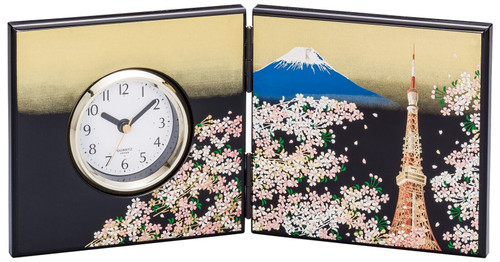 Table Clock Yamanaka Urushi Lacquer Tokyo tower Mt.Fuji folding screen ...