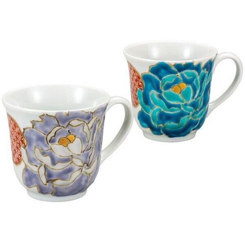 Pair Kutani yaki ware Japanese Mug Tea Coffee Cup Blu Purple Tsubaki ...