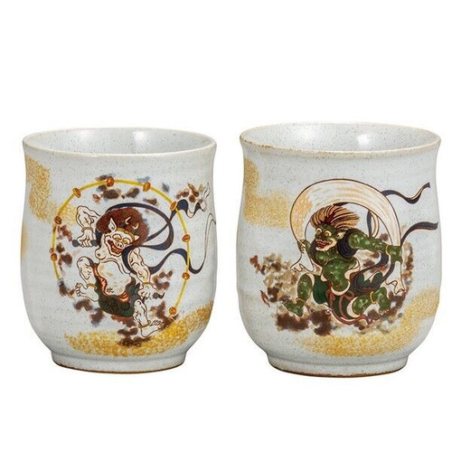 Pair Yunomi Kutani yaki ware Japanese green tea cup set Fujin Raijin ...