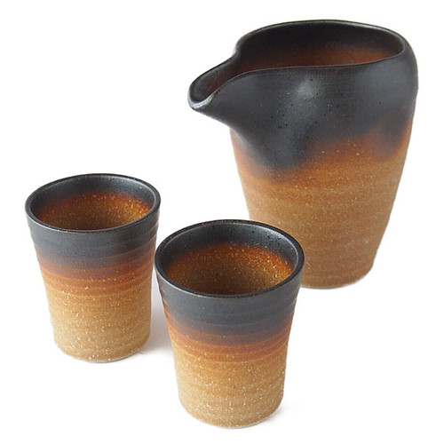 Mino ware Japan Cold Sake Cup and bottle set of 3 Iga style Sabi Japan