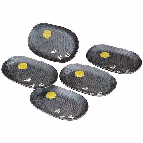 Kutani yaki ware Japanese Oval Plate Dish set of 5Moon Rabbit Tsuki ...