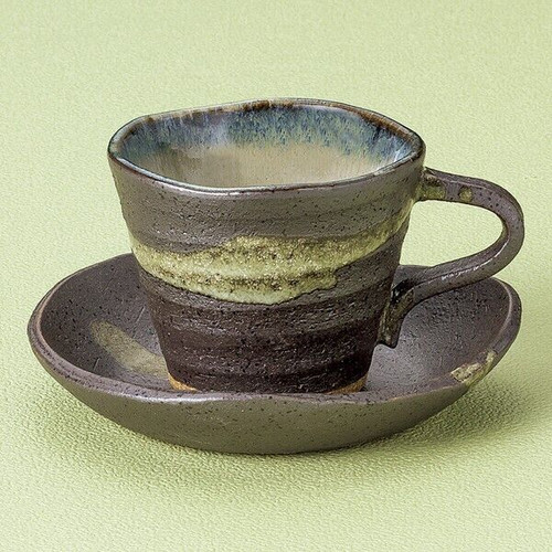 Mino ware Japanese coffee cup and saucer set Black Ginsai Unryu Japan