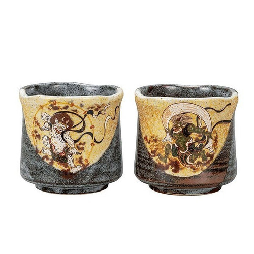 Pair Yunomi Kutani yaki ware Japanese green tea cup set Fujin Raijin ...