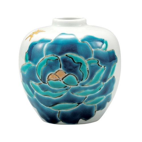 Kutani yaki ware Japanese Single-Flower Vase Sato Tsuyoshi Blue Peony ...
