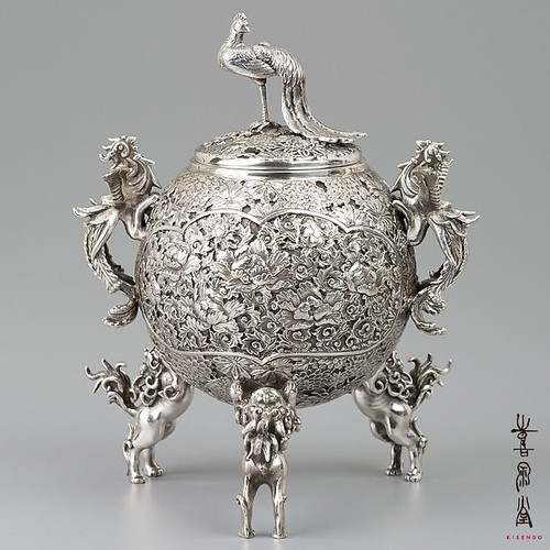 Japanese Silver Incense Burner Silver Finish, Peacock Motif, Takaoka ...