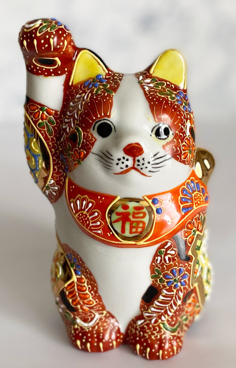 Maneki neko Japanese Lucky cat Kutani yaki ware Mori Komon pattern 4' Japan