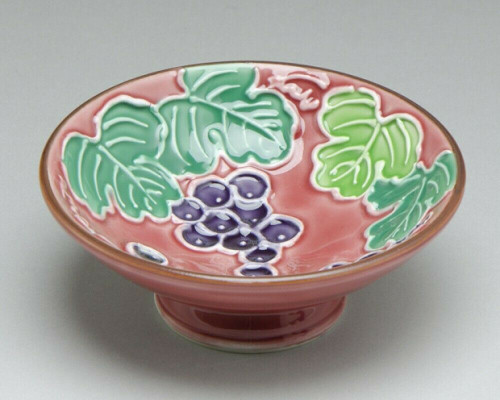 Kyo Kiyomizu Yaki ware Guinomi Japanese Sake cup Cochin Flower Grape Japan