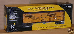 K-line Miller Beer wood side reefer, 3R, w/billboard, 3 rail or 2 rail ...