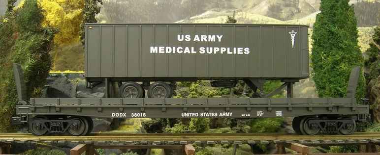 Weaver US Army OD 50' flat car with medical trailer, 3 rail or 2 rail ...
