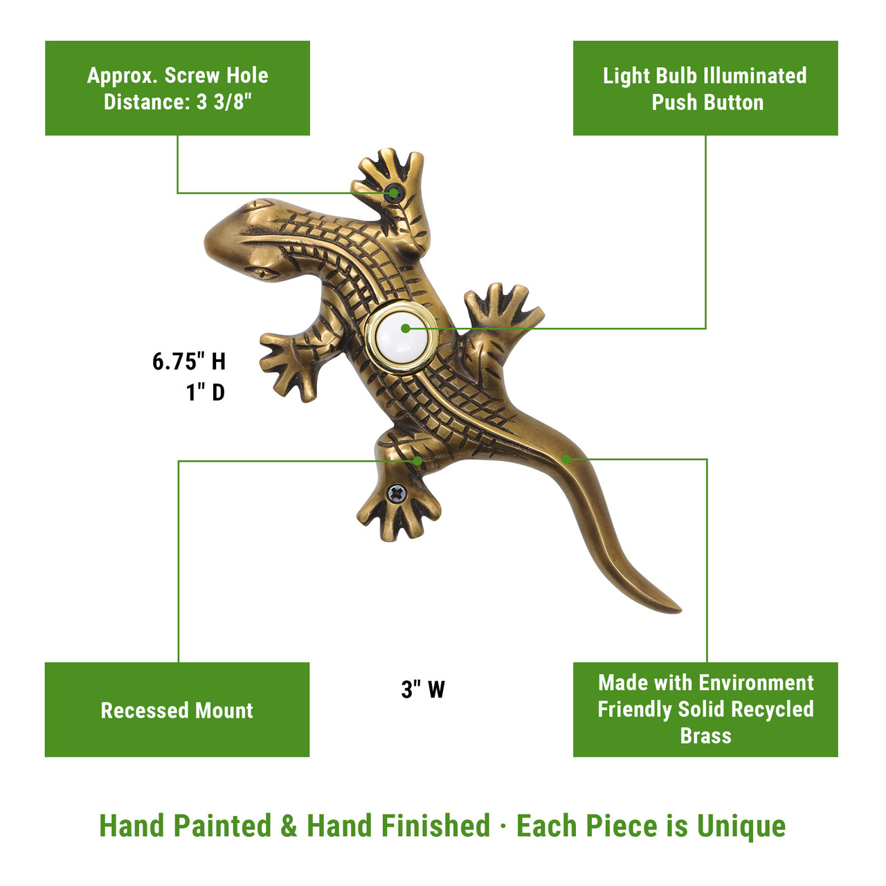 Solid Brass Small Lizard / Gecko Doorbell in Antique Brass - Waterwood