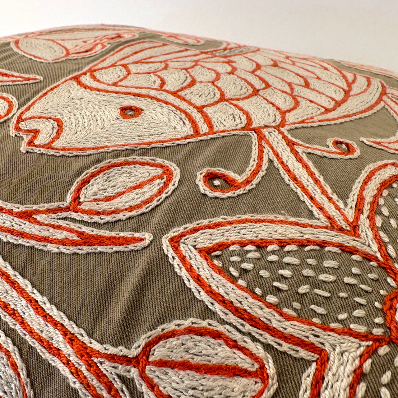 Beige Orange Fish Embroidered Pillow | Mbare