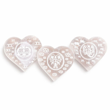 Selenite Zodiac Heart - Cleansing Crystal Heart with Astrological Symbols