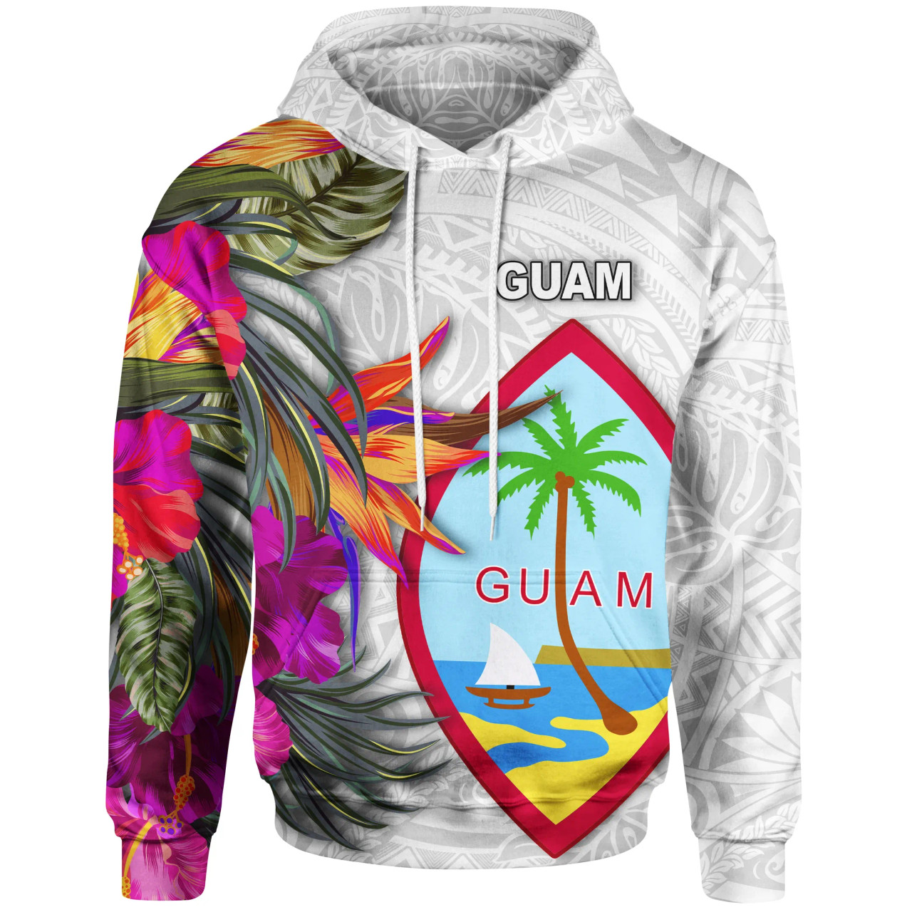 Guam Hoodie Hibiscus Polynesian White Pattern