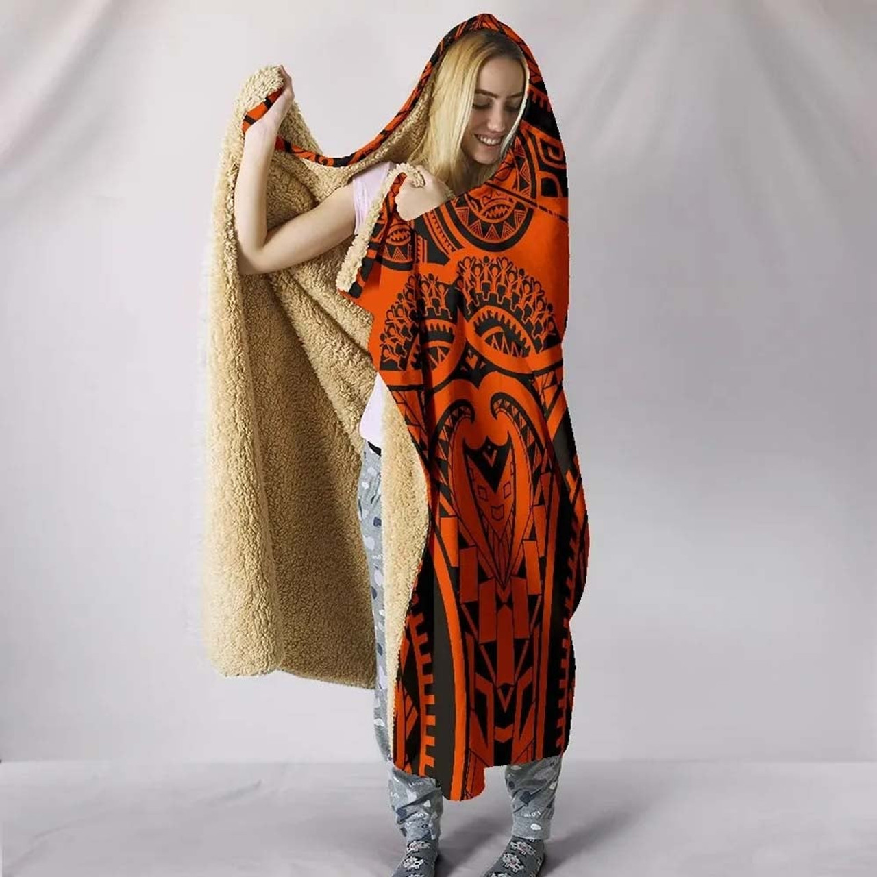 Polynesian Hooded Blankets Guam Flag Seal With Maui Moana Tattoo Orange
