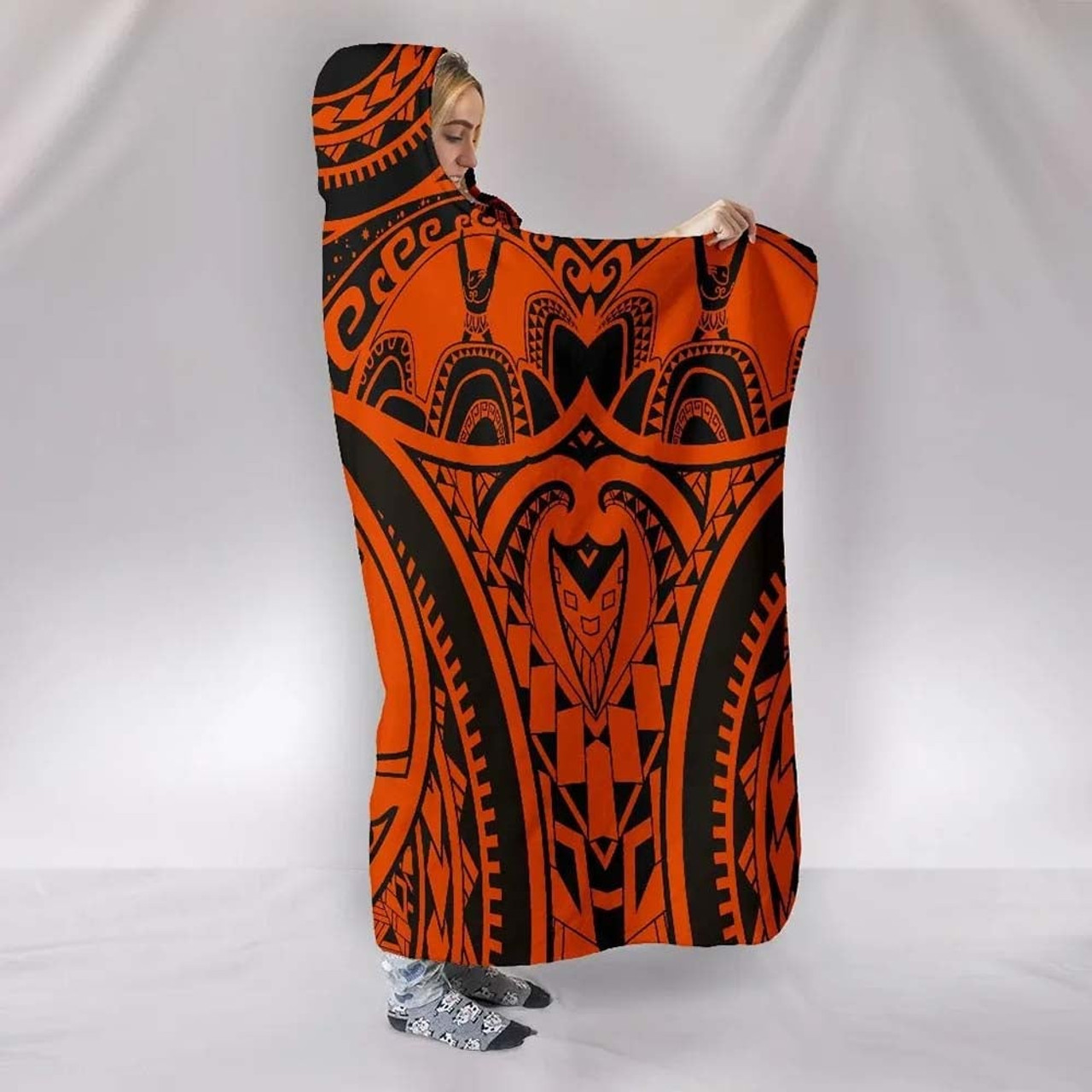 Polynesian Hooded Blankets Guam Flag Seal With Maui Moana Tattoo Orange