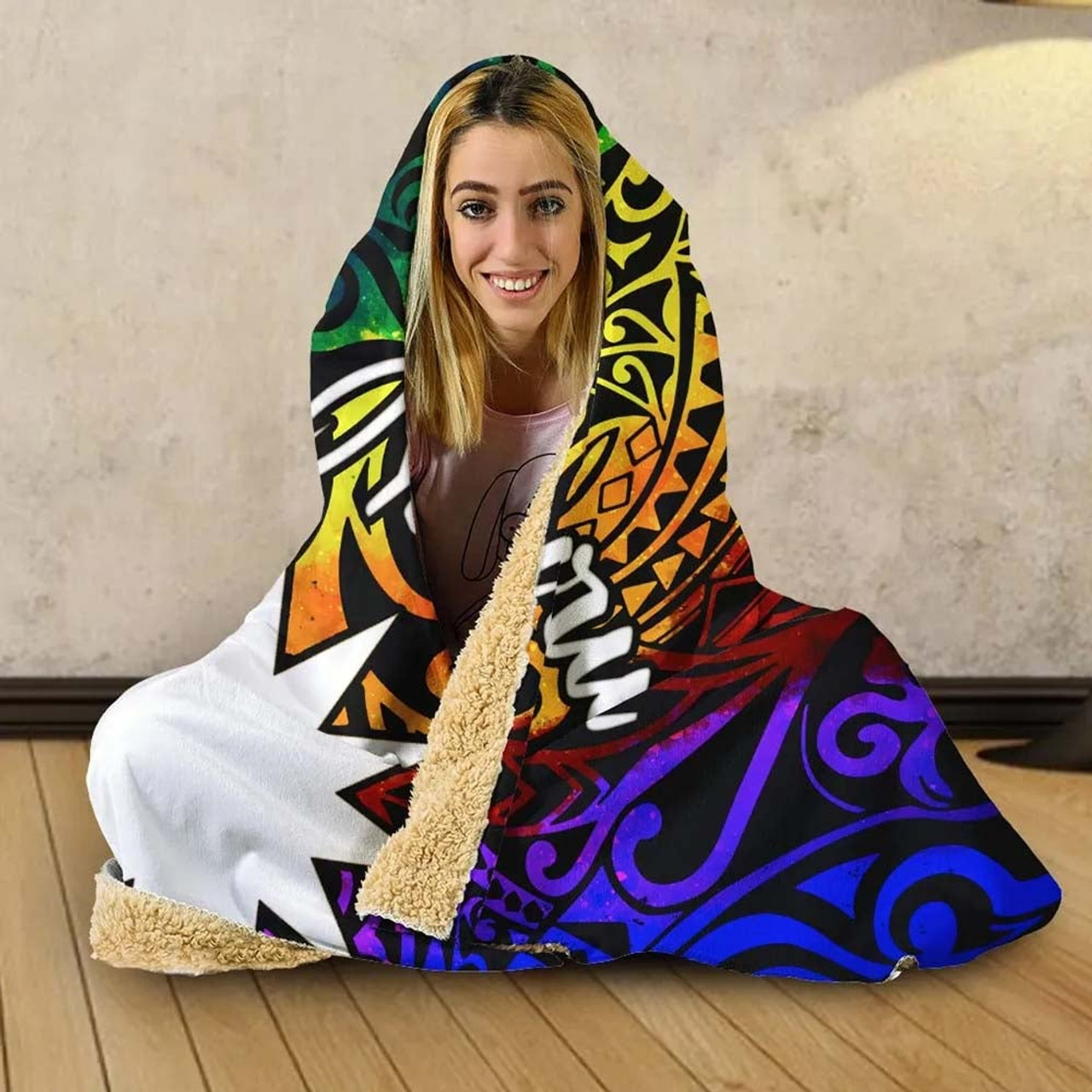 Nauru Hooded Blanket Rainbow Polynesian Pattern