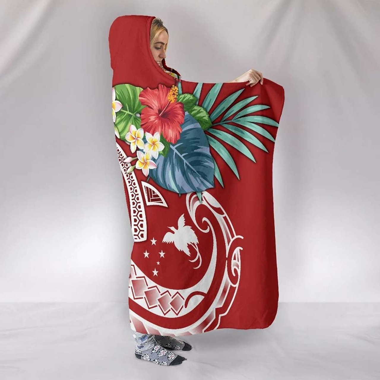 Papua New Guinea Polynesian Hooded Blanket Summer Plumeria Red