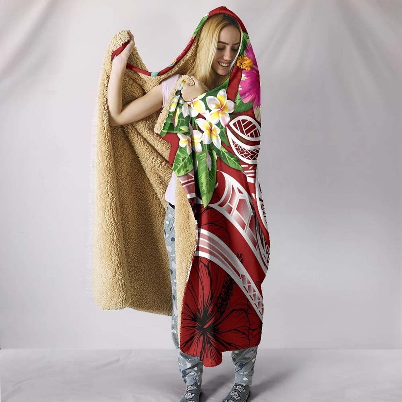 Papua New Guinea Polynesian Hooded Blanket Summer Plumeria Red