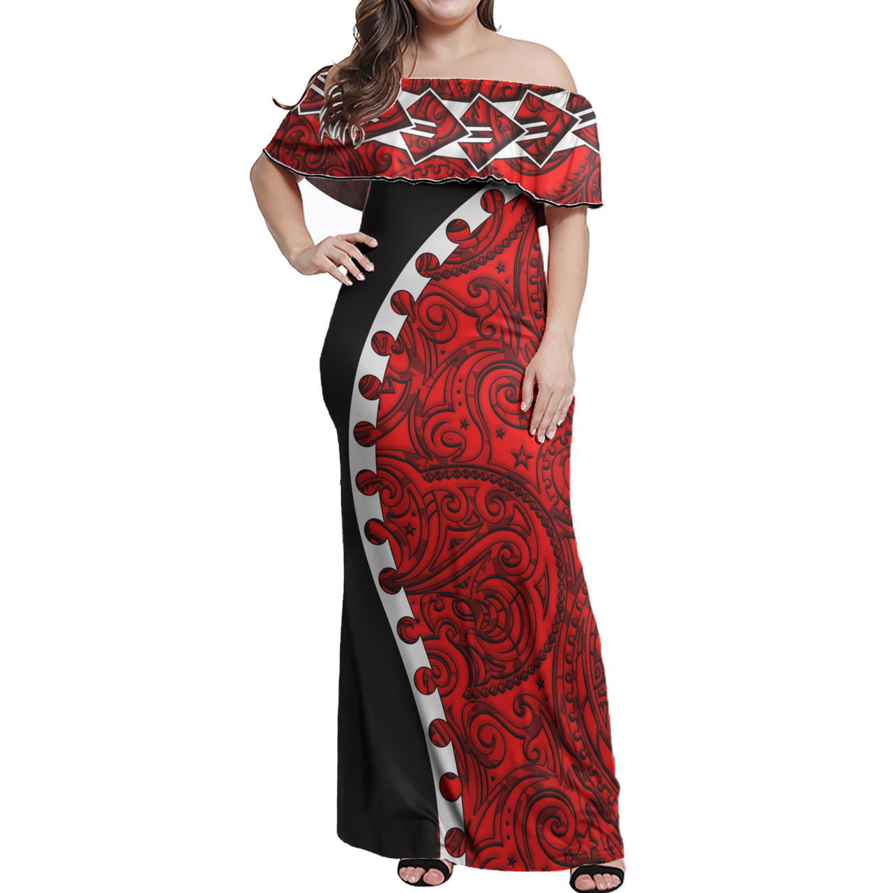 Polynesian Woman Off Shoulder Long Dress Polynesian Design Pattern 01