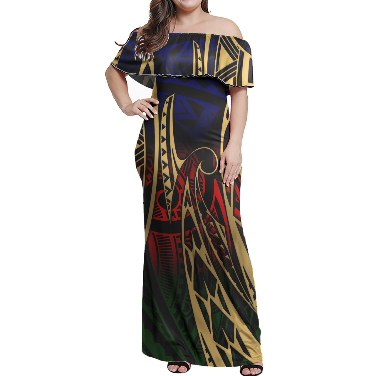 Polynesian Woman Off Shoulder Long Dress Polynesian Design Pattern 02