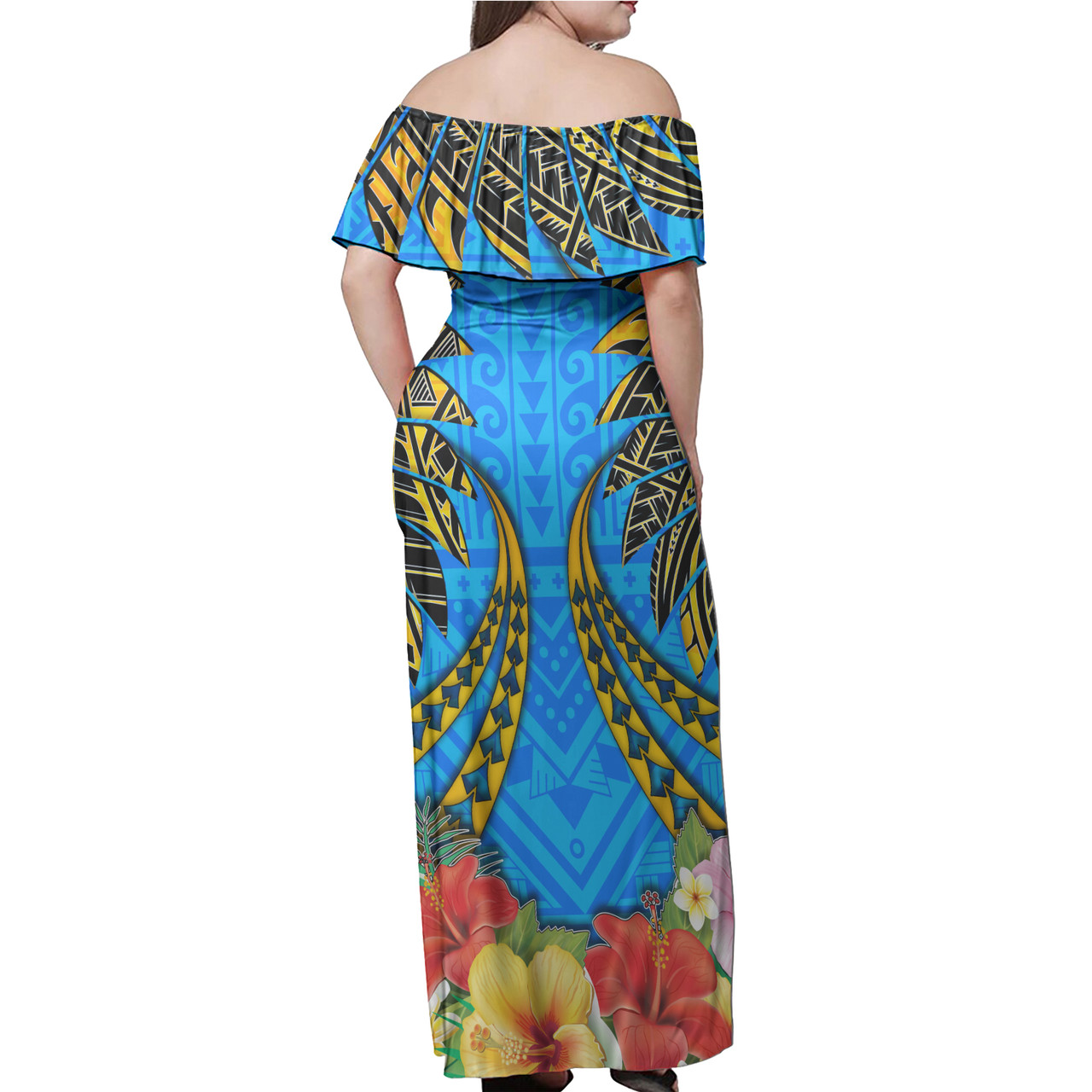 Polynesian Woman Off Shoulder Long Dress Polynesian Design Pattern 04
