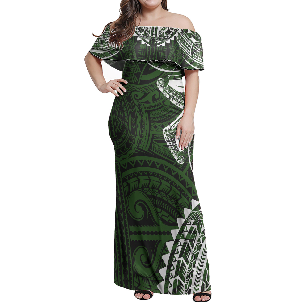 Polynesian Woman Off Shoulder Long Dress Polynesian Design Pattern 06