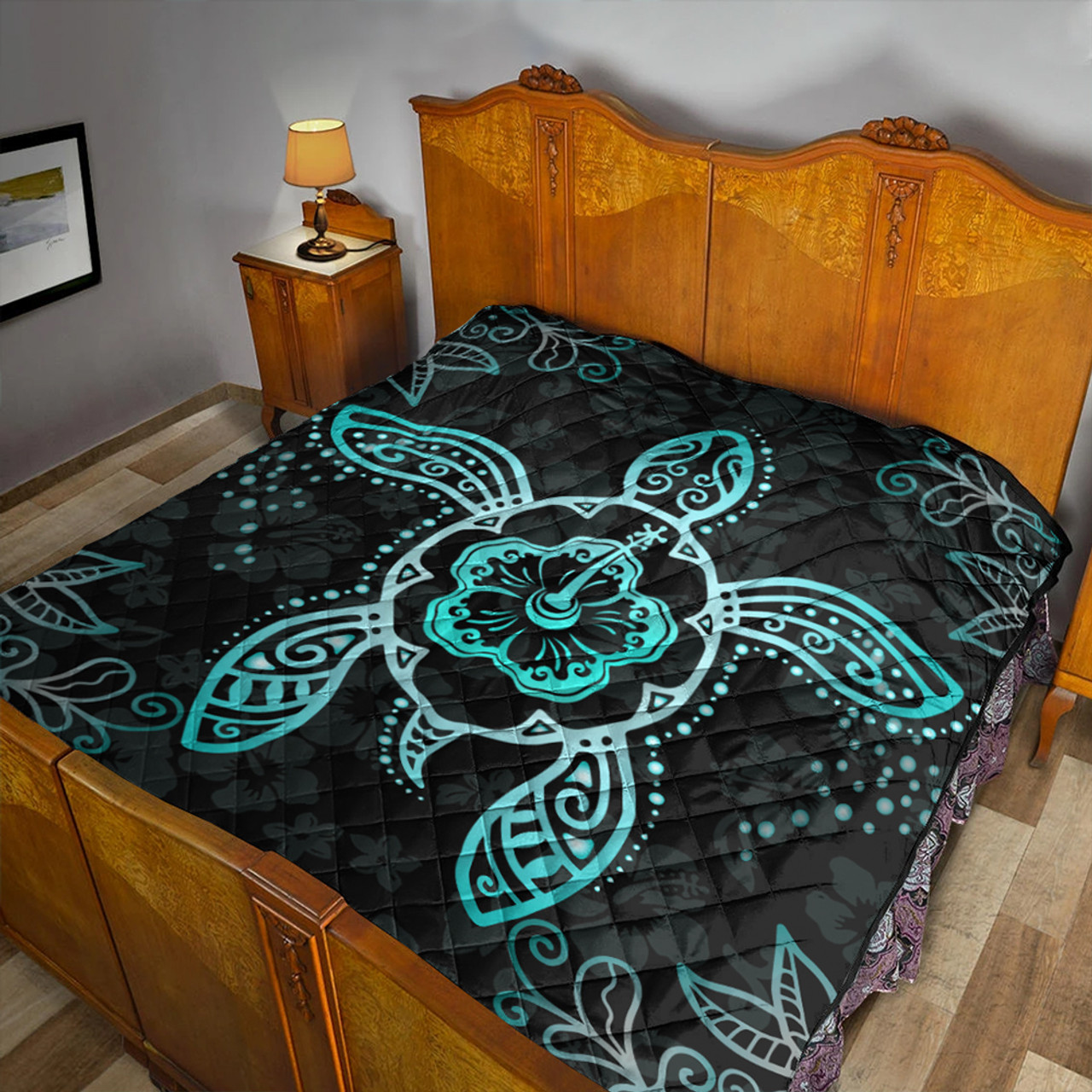 Hawaii Premium Quilt Turtle Hibiscus Blue