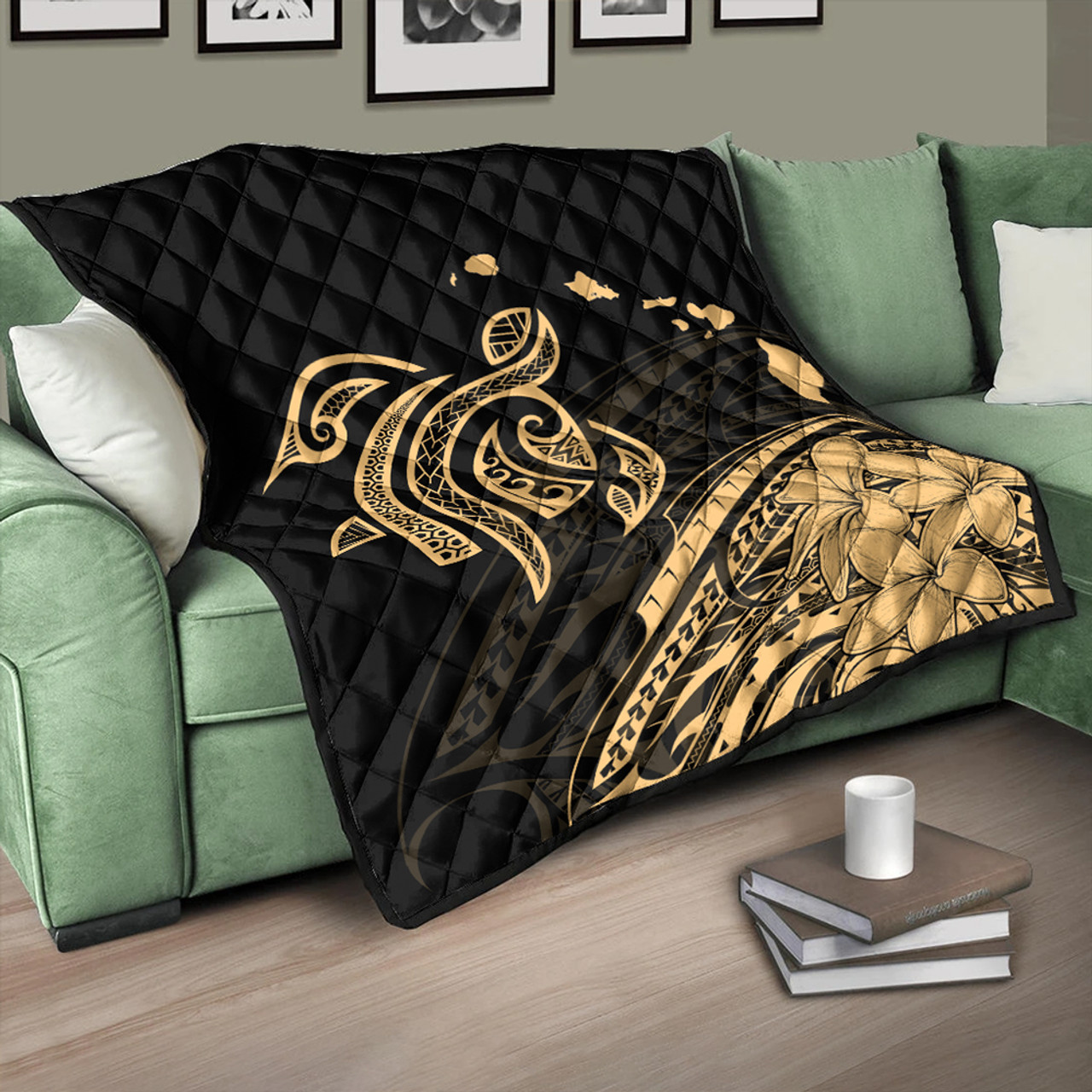 Hawaii Premium Quilt Turtle Polynesian Map Plumeria Gold