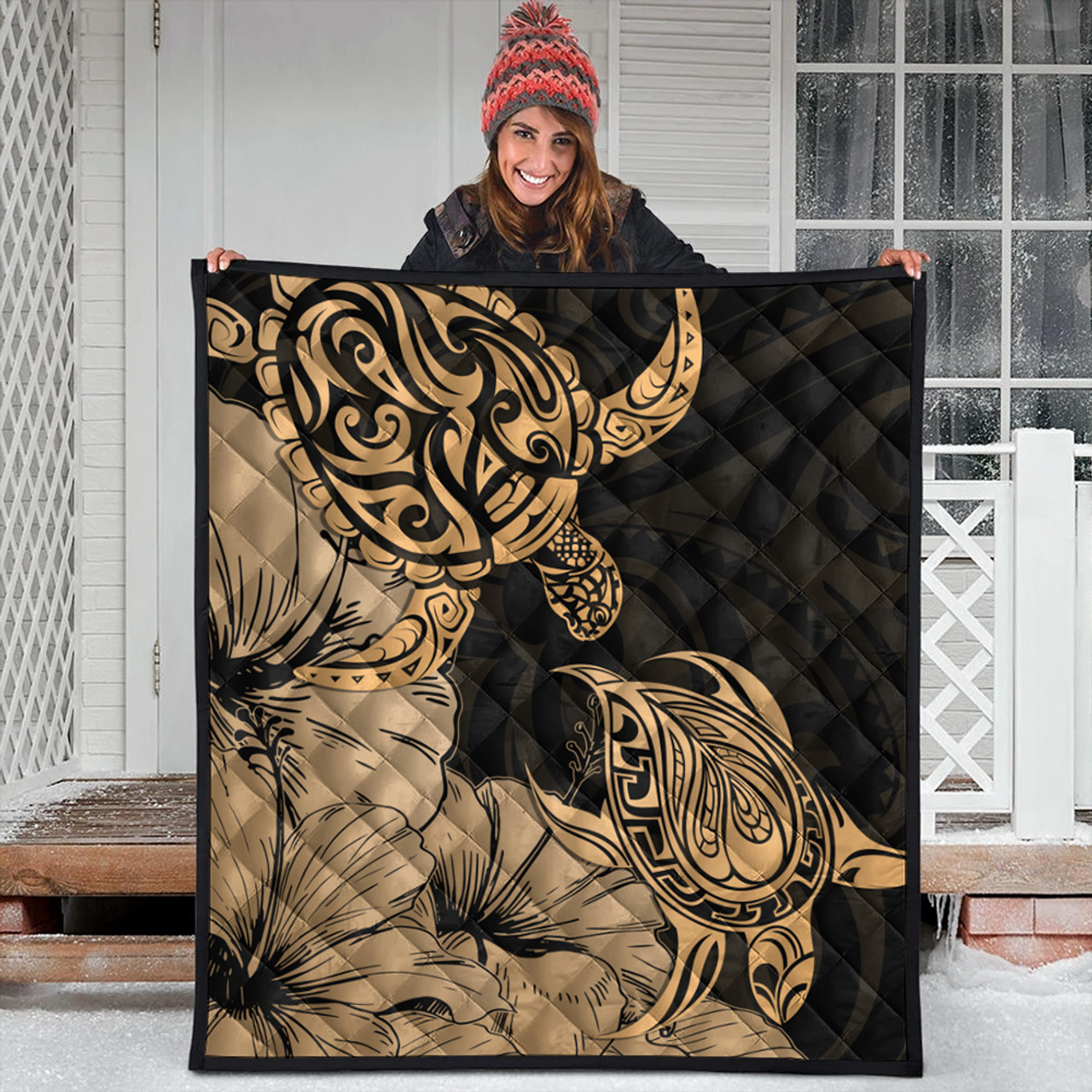 Hawaii Turtle Premium Quilt Polynesian Hibiscus Art Gold