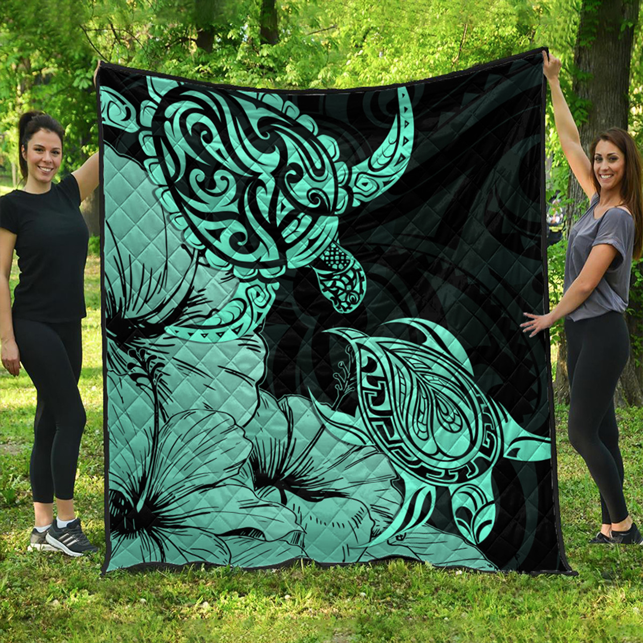 Hawaii Turtle Premium Quilt Polynesian Hibiscus Art Turquoise
