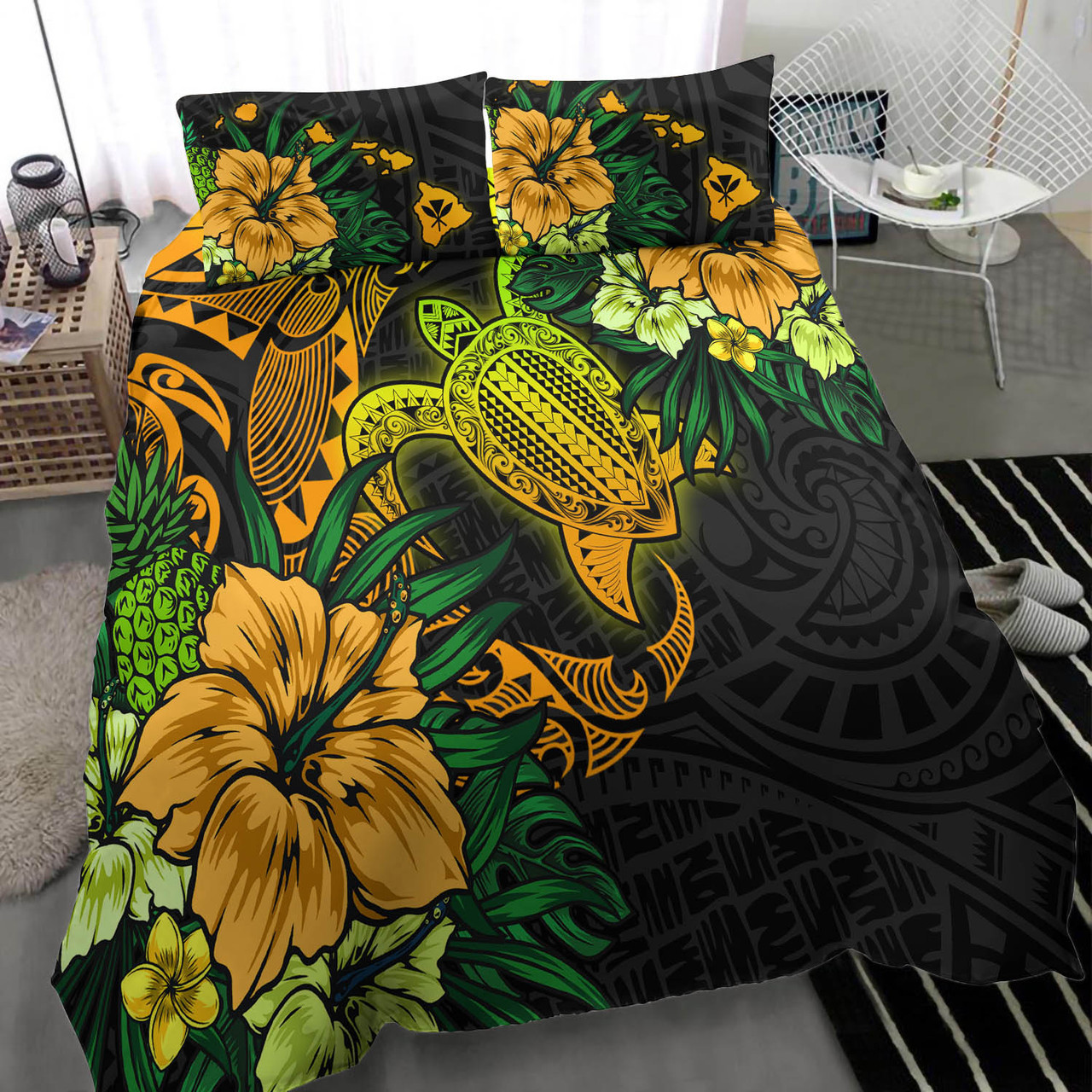 Hawaii Bedding Set Hawaii Polynesian Turtle Tropical Gardient Yellow