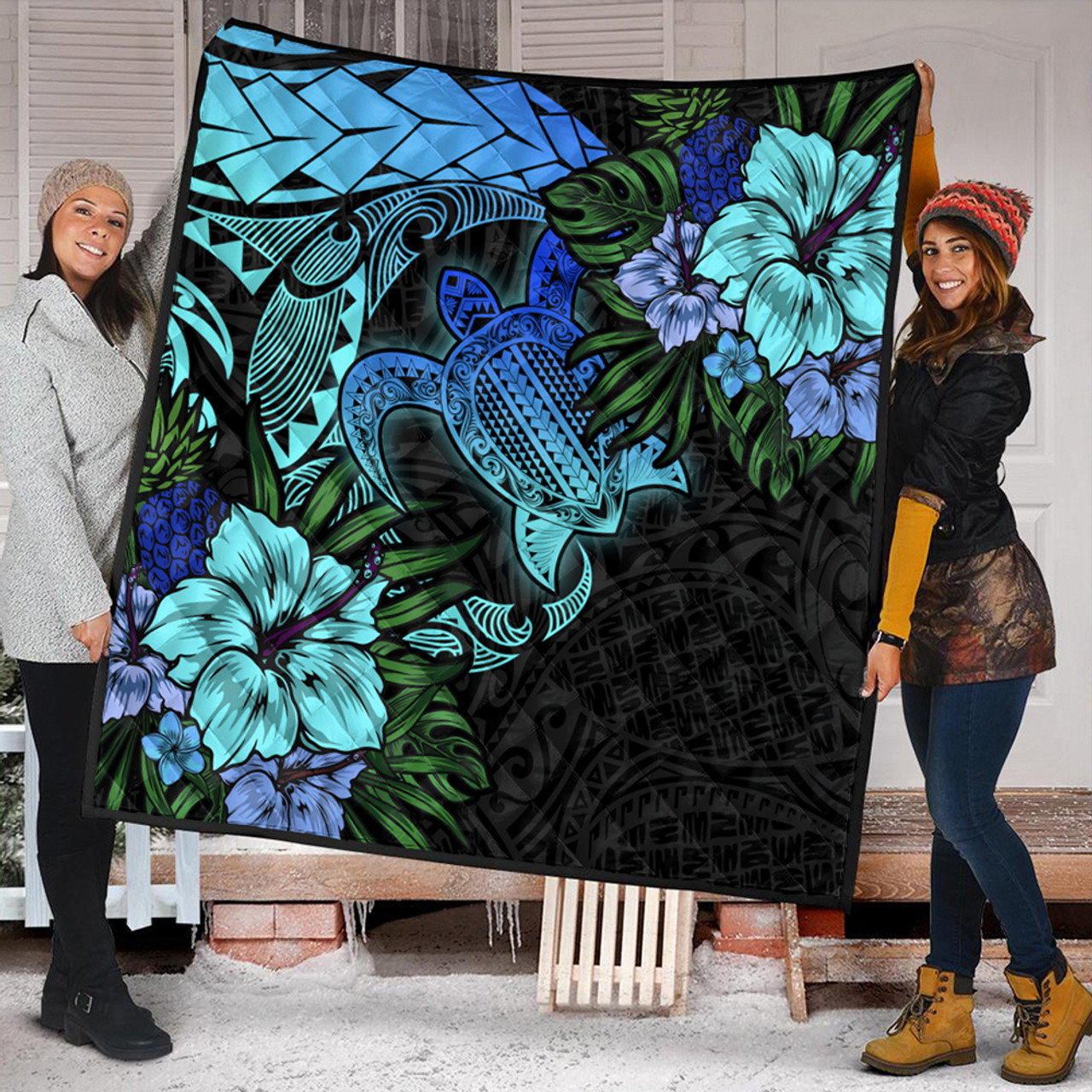 Hawaii Premium Quilt Hawaii Polynesian Turtle Tropical Blue Gardient Blue